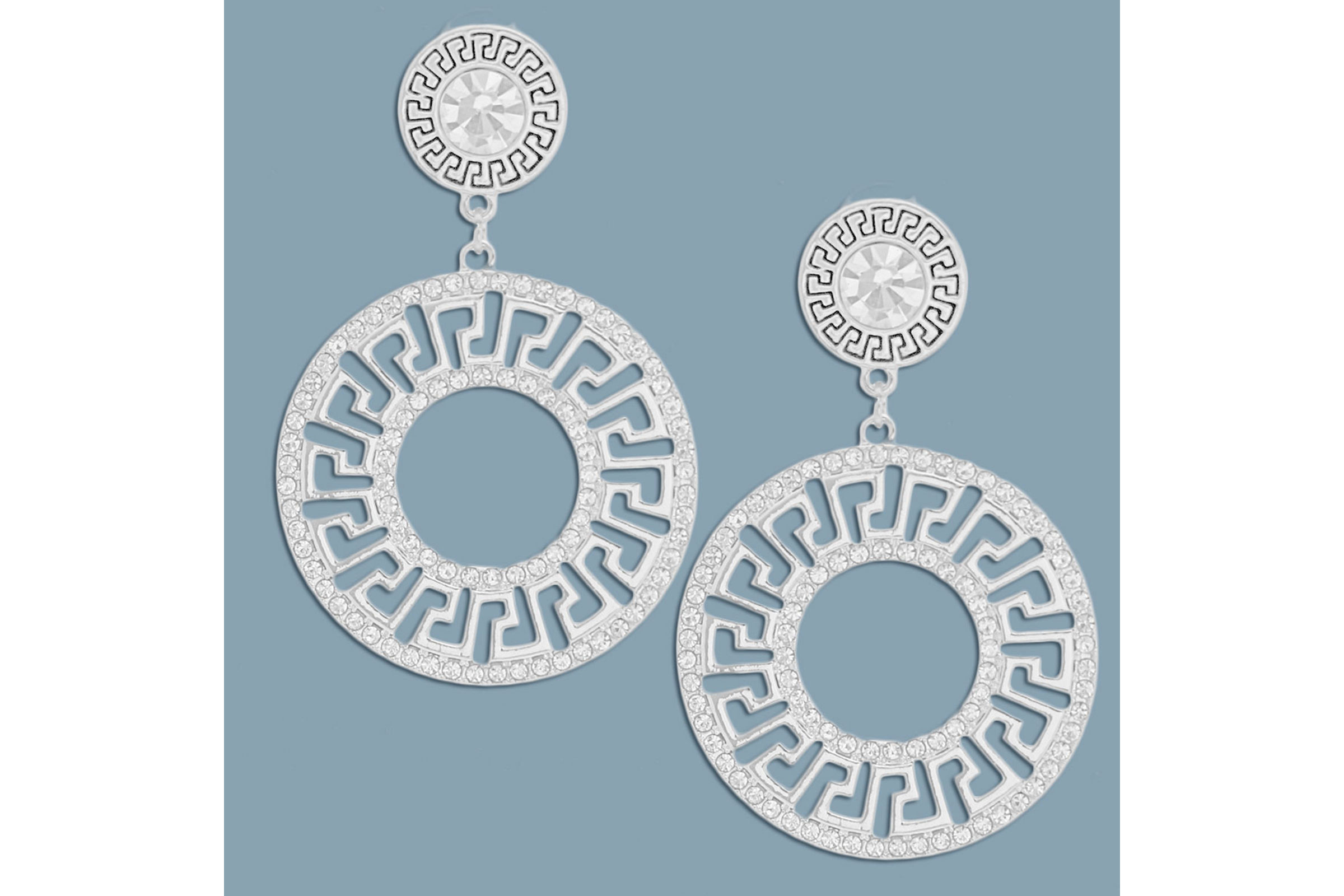 Sparkle in Style Silver Rhinestone Greek Key Earrings 3 Inches