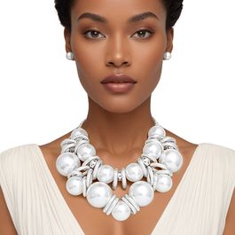 Wholesale Necklace Jumbo White Pearl Silver Link Bib Set