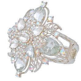 Silver Filigree Crystal Flower Cuff- Order Wholesale