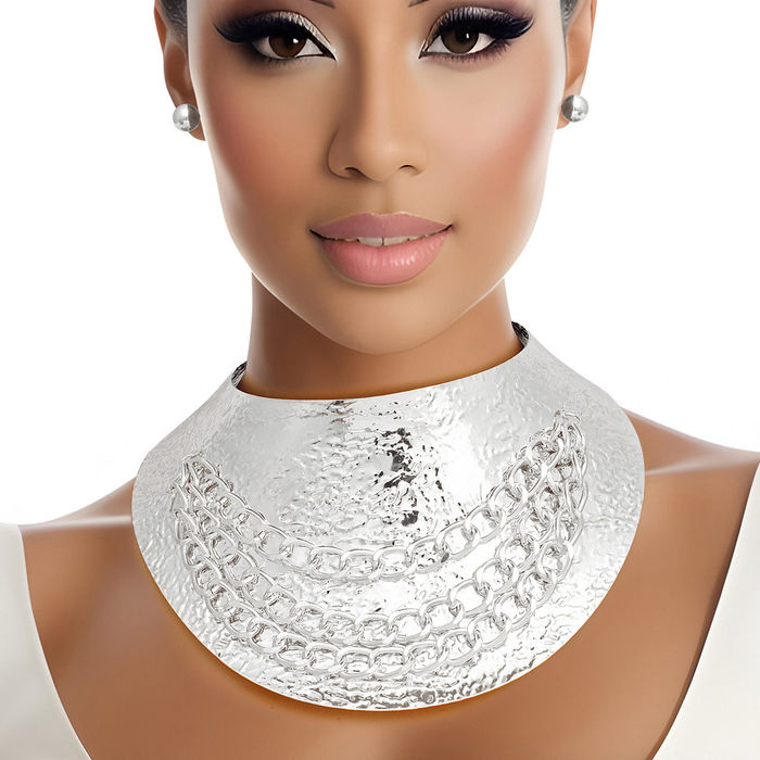 Wholesale Armor Choker Collar Textured Rigid Silver Metal