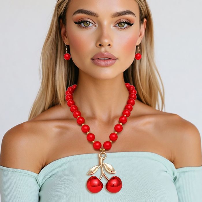 Wholesale Pearl Necklace Red Cherry Drop Pendant Necklace