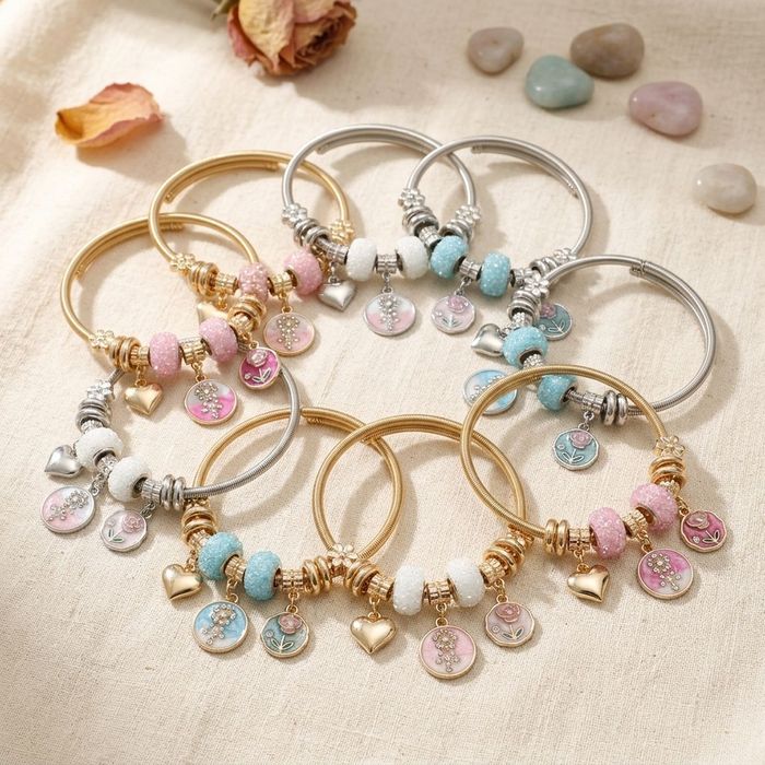 Wholesale Dozen Pack Spring Flower Charm Jump Coil Bracelets